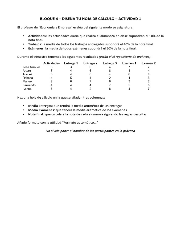 Cálculo de Notas en Hoja de Cálculo | PDF