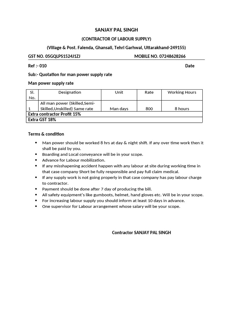 Manpower Supply Quotation Format | PDF | Economies | Business