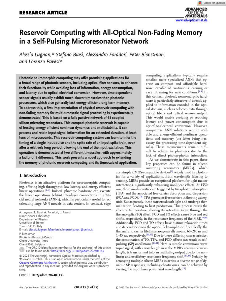 Advanced Optical Materials - 2025 - Lugnan - Reservoir Computing With All Optical Non Fading ...