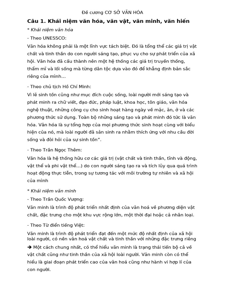 Đề cương kì 1 năm 1 Câu hỏi ôn tập môn CSVH | PDF