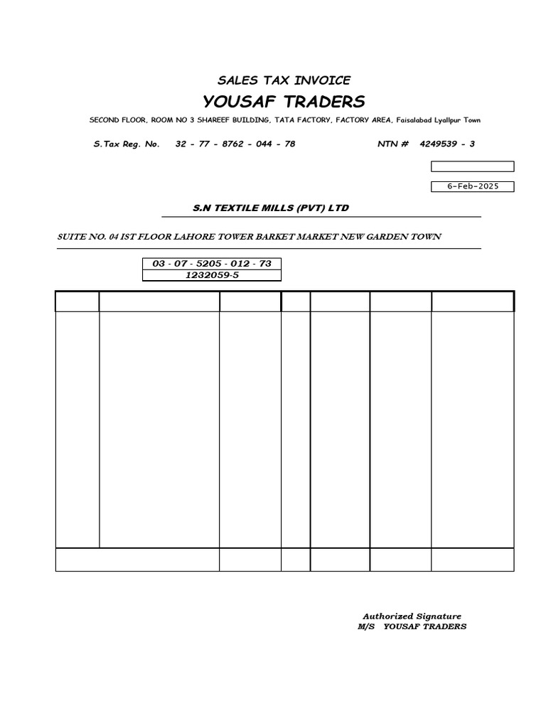 Yousaf Traders 02 - 2025 (S.N Textile Mills (PVT) LTD) Inv # 69 ...