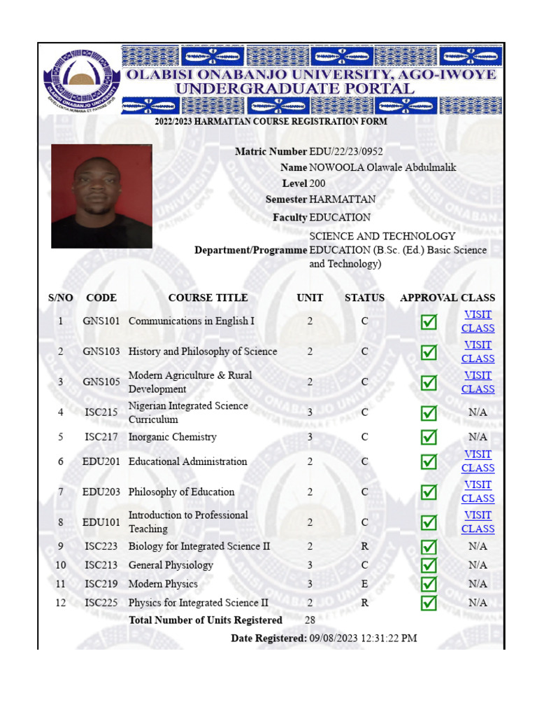 Harmattan 2022-2023 Course Registration Form | PDF | Science