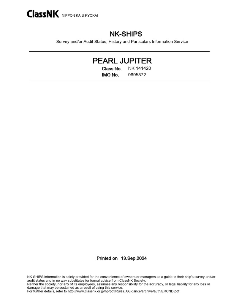 Class Survey Status for PEARL JUPITER | PDF | Tonnage | Ships