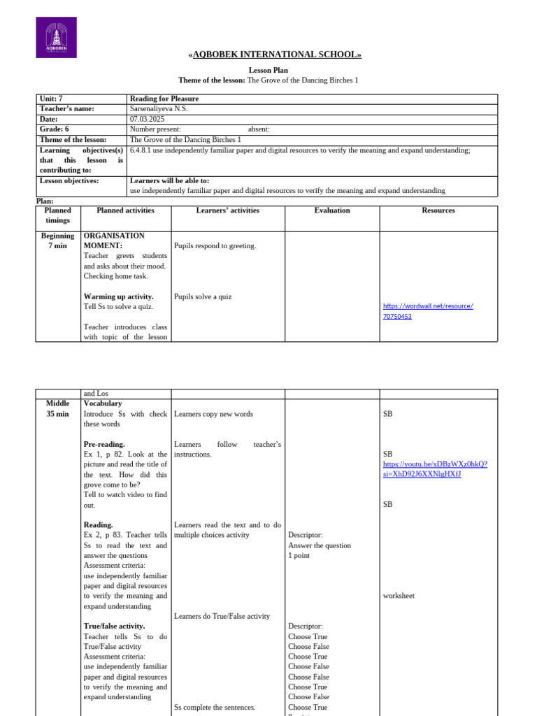 Lesson Plan: Dancing Birches Theme | PDF | Educational Assessment ...