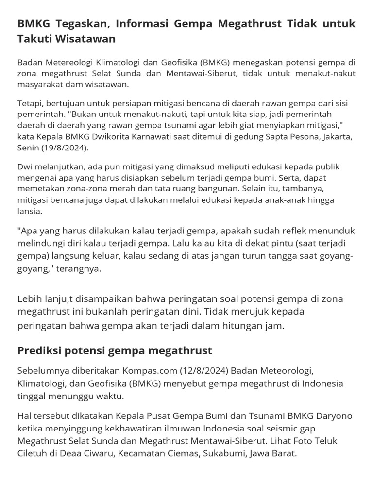 BMKG Tegaskan, Informasi Gempa Megathrust Tidak Untuk Takuti Wisatawan | PDF