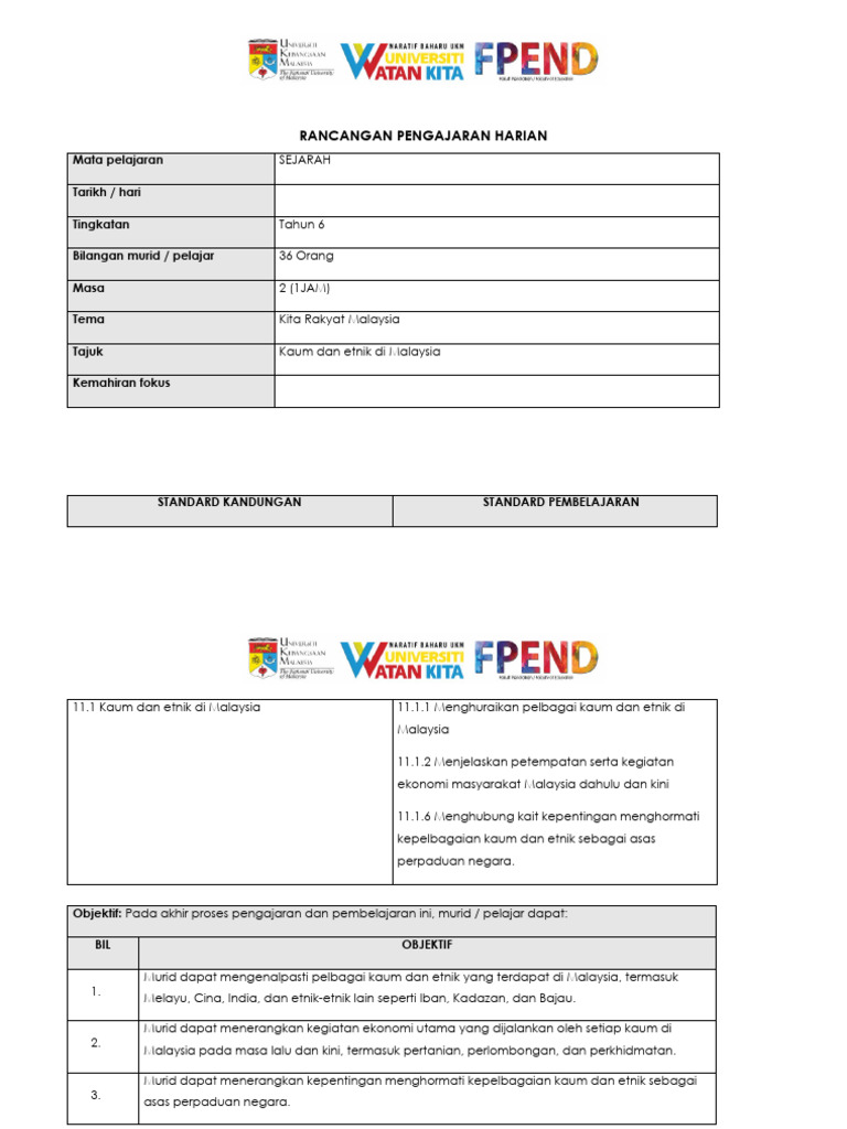 RPH FPEND SEJARAH TAHUN 6 Chriszabella | PDF