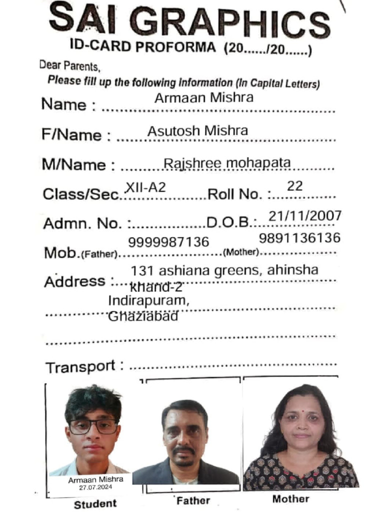 ID Card Proforma for Class XII Students | PDF