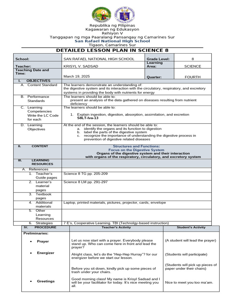 Science 8 Lesson Plan: Digestive System | PDF | Gastrointestinal Tract ...