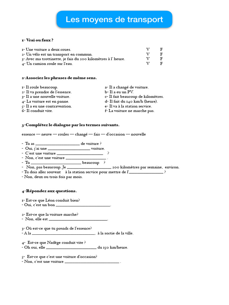 Exercices sur les moyens de transport | PDF | Voitures | Autobus