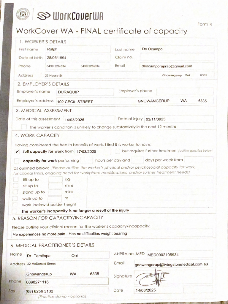 WorkCover WA - FINAL Certificate of Capacity | PDF