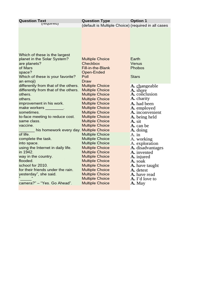 QuizizzSampleSpreadsheetUpdated_v2 | PDF | Planets | Astronomical Objects