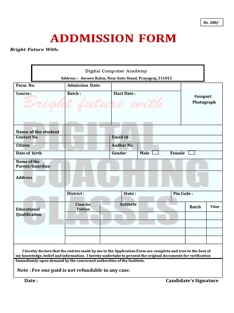 Coaching Admission Form Template | PDF
