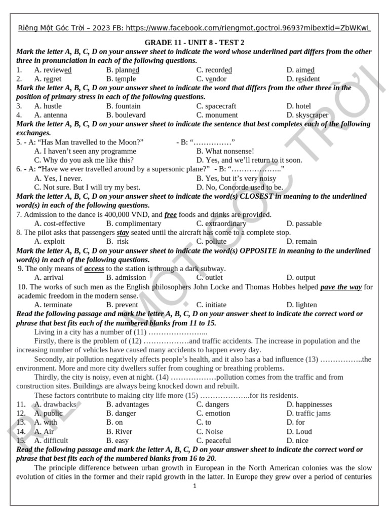 Grade 11 - Unit 8 - Test 2 - Đề | PDF