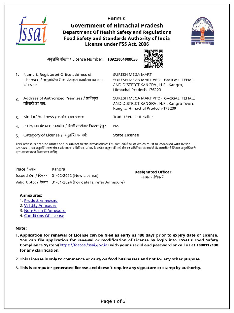 FSSAI License for Suresh Mega Mart | PDF | Cooking Oil | Vegetable Oil