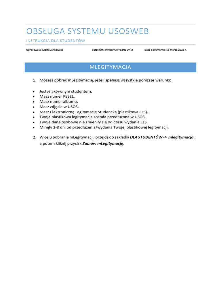 Mlegitymacja Uam | PDF