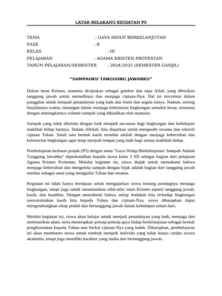 Latar Belakang Kegiatan P5 Agama Kristen Protestan | PDF