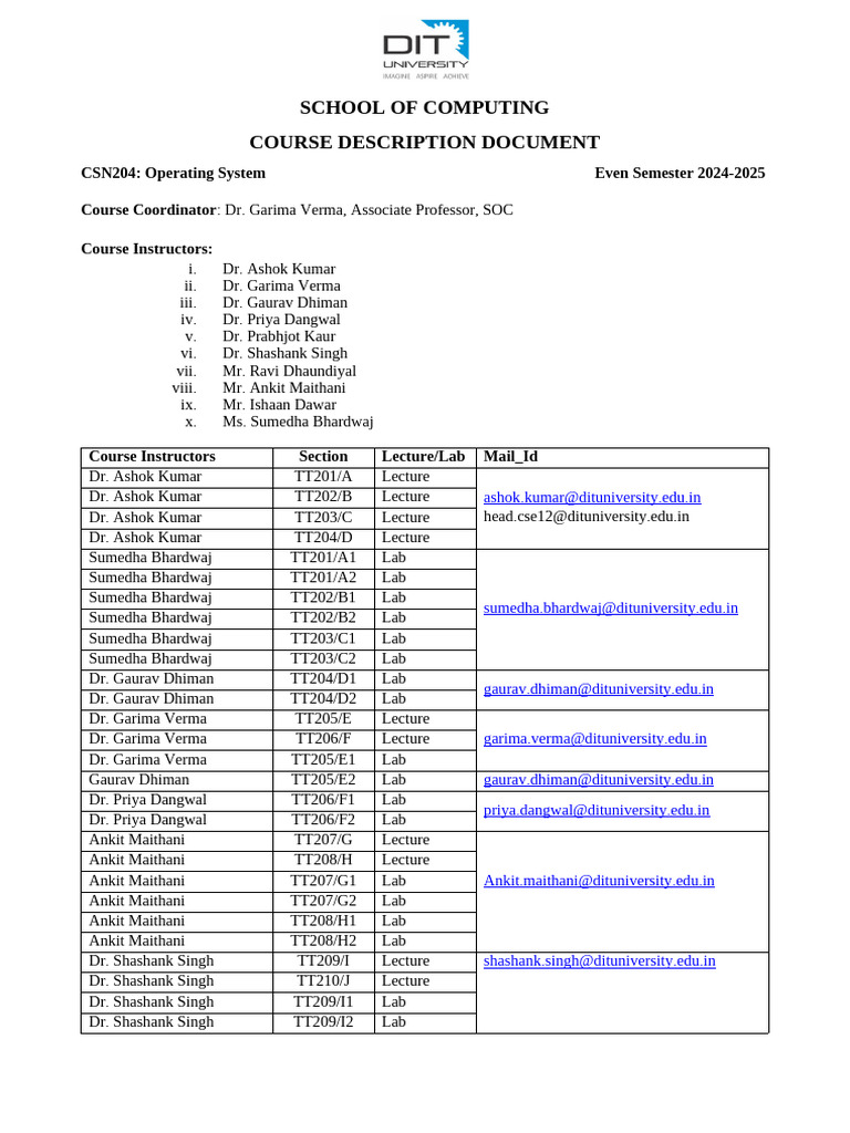 Updated-CourseDescription Document - CSN204 | PDF | Process (Computing) | Operating System