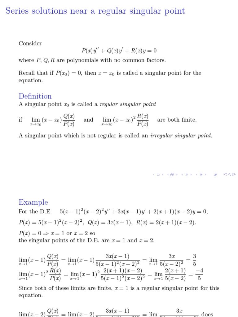 DIFFERENTIAL EQUATIONS LECTURE SLIDES - Series solutions near a regular ...