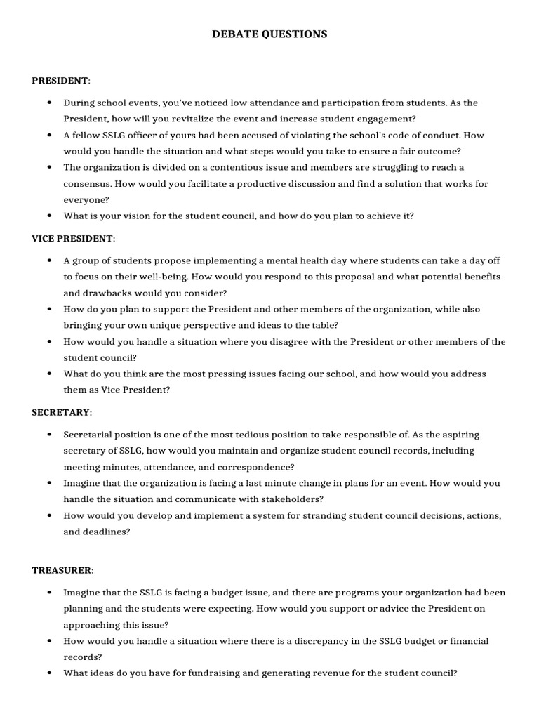 DEBATE QUESTIONS - General Rally (SSLG Elections SY 2025-2026) | PDF ...