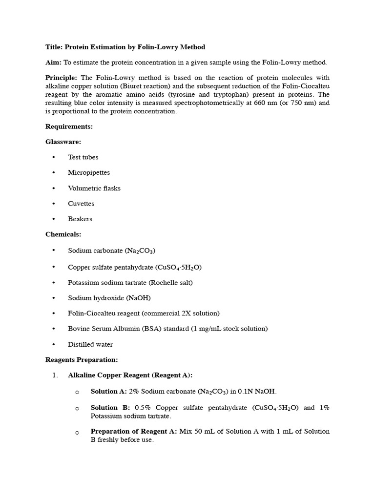 Folin-Lowry Protein Estimation Protocol | PDF | Chemistry | Chemical ...