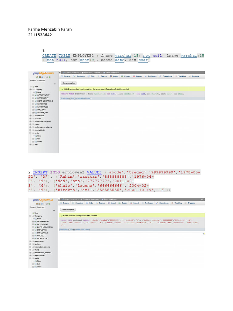 Fariha Mehzabin Farah 2111533642: Create Varchar Not Varchar Not Char Date Char | PDF
