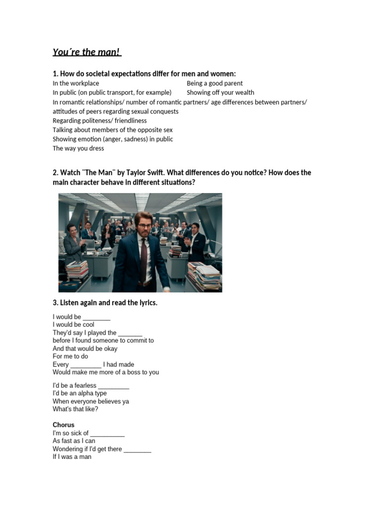 Speaking Lesson: Gender Equality With Taylor Swift's The Man | PDF