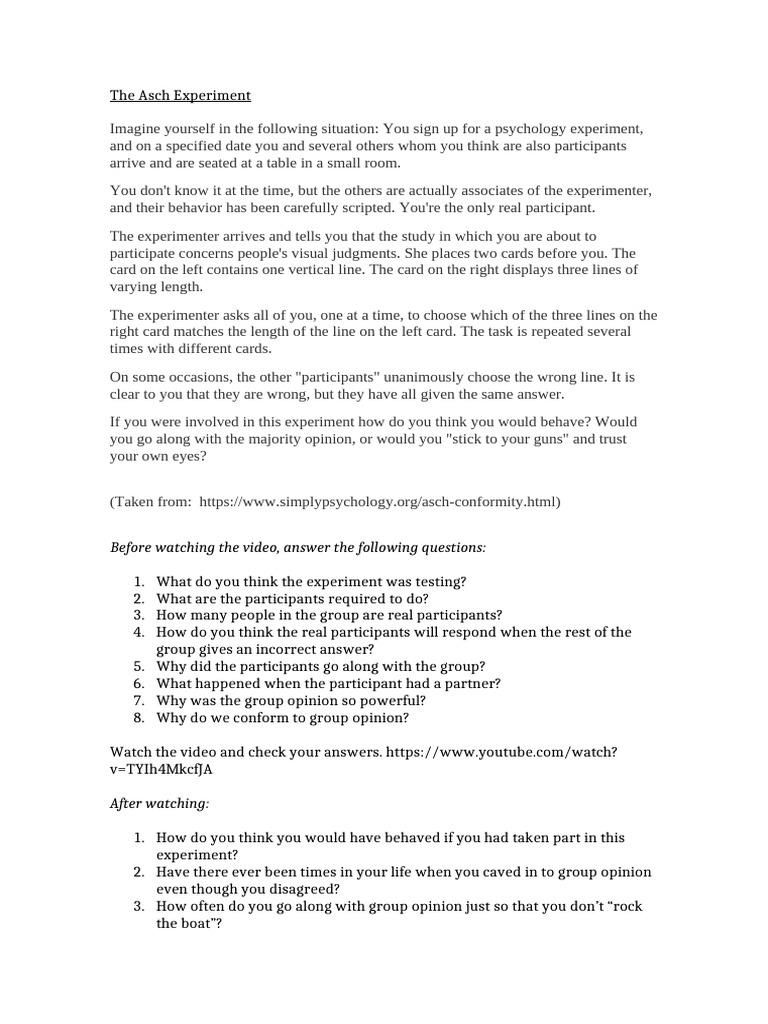 Advanced Fluency Lesson: The Asch Experiment | PDF