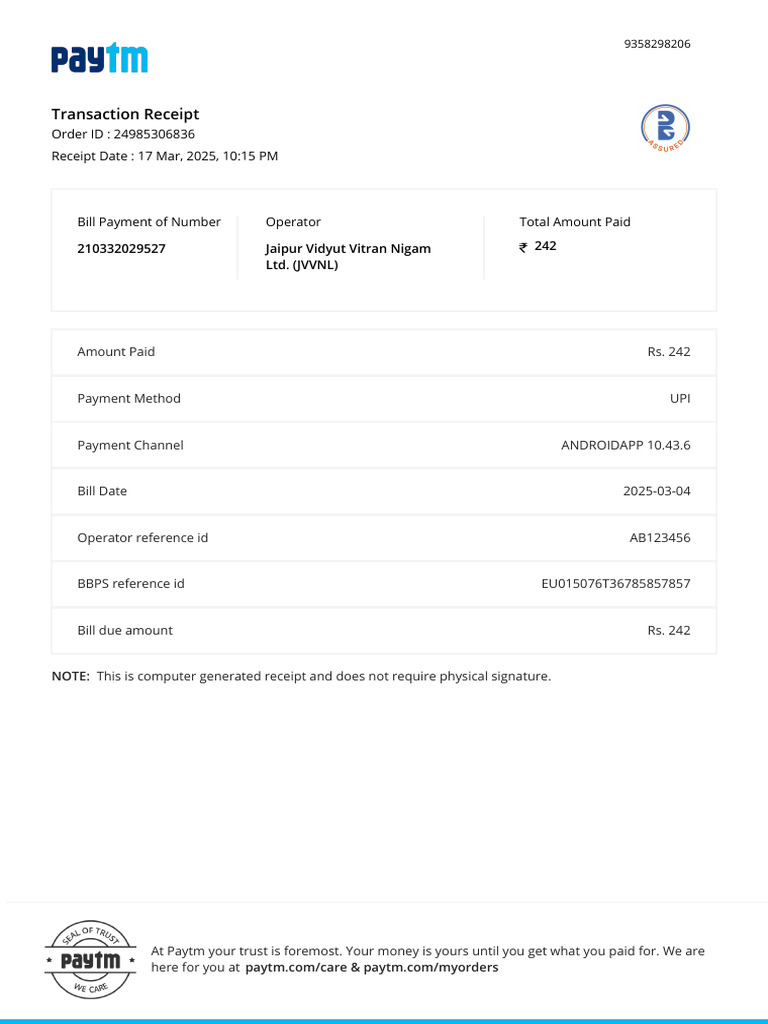 JVVNL Bill Payment Receipt - March 2025 | PDF