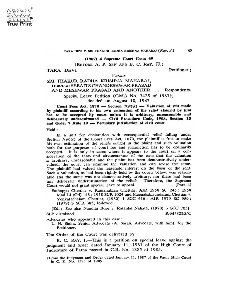 Tara Devi v. Sri Thakur Radha Krishna Maharaj, (1987) 4 SCC 69 | PDF