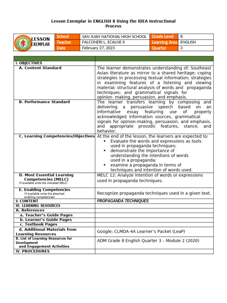 Idea Lesson Exemplar Template | PDF | Propaganda | Learning