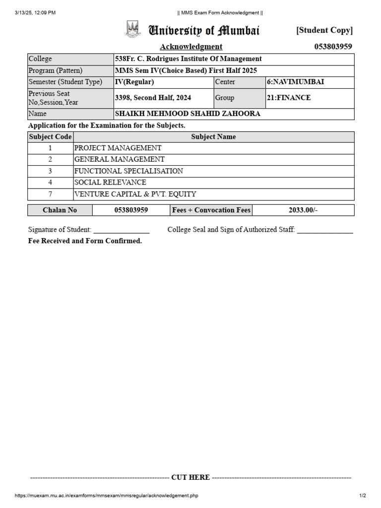 MMS Exam Form Acknowledgment 2025 | PDF | Qualifications | Educational ...