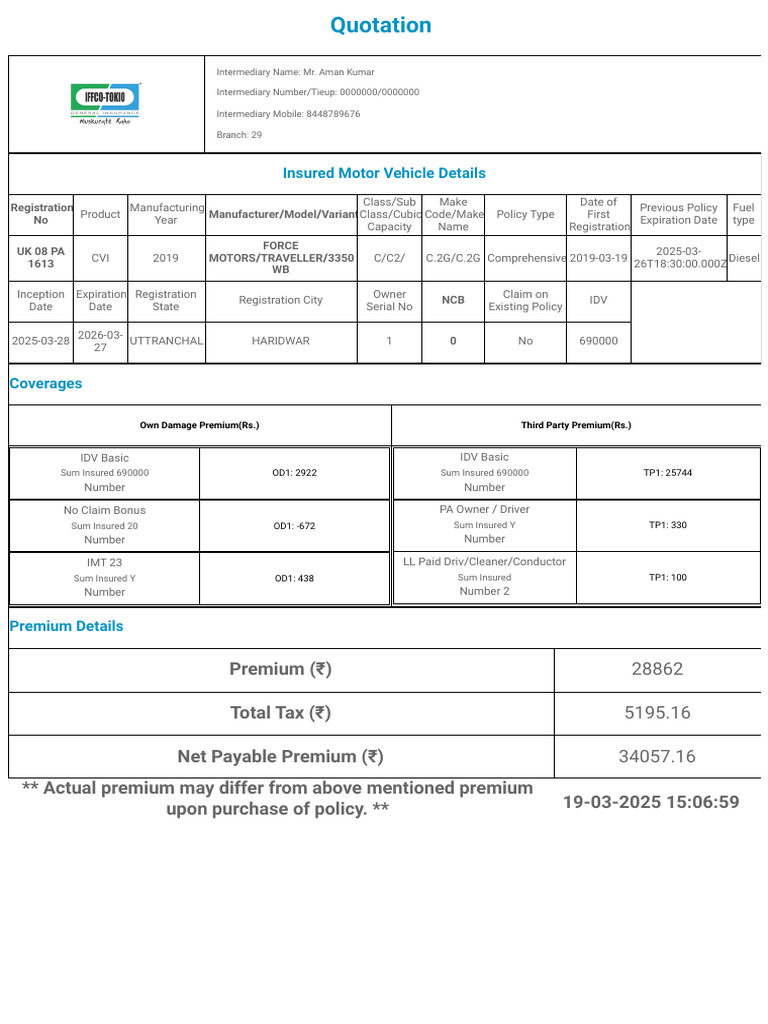 Aditya Birla Motor Insurance Quotation | PDF | Vehicles | Transport