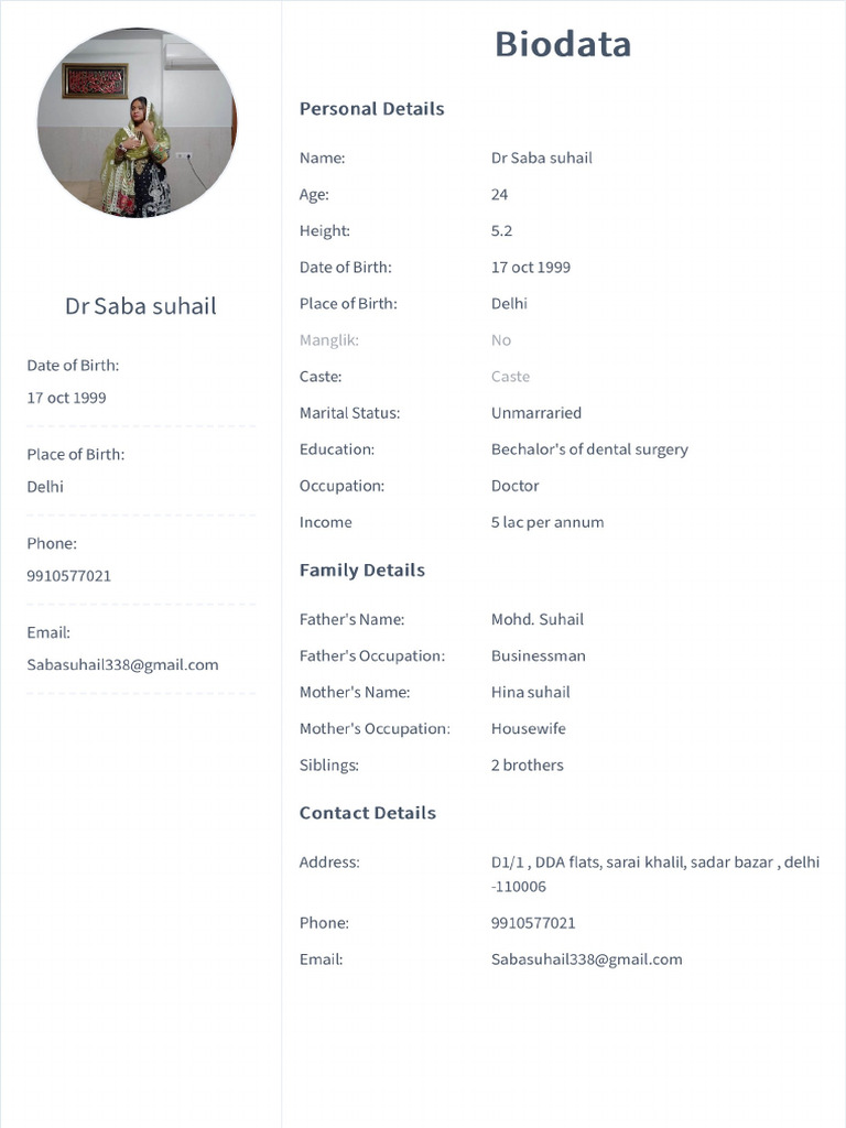 DR Saba Suhail's Biodata | PDF