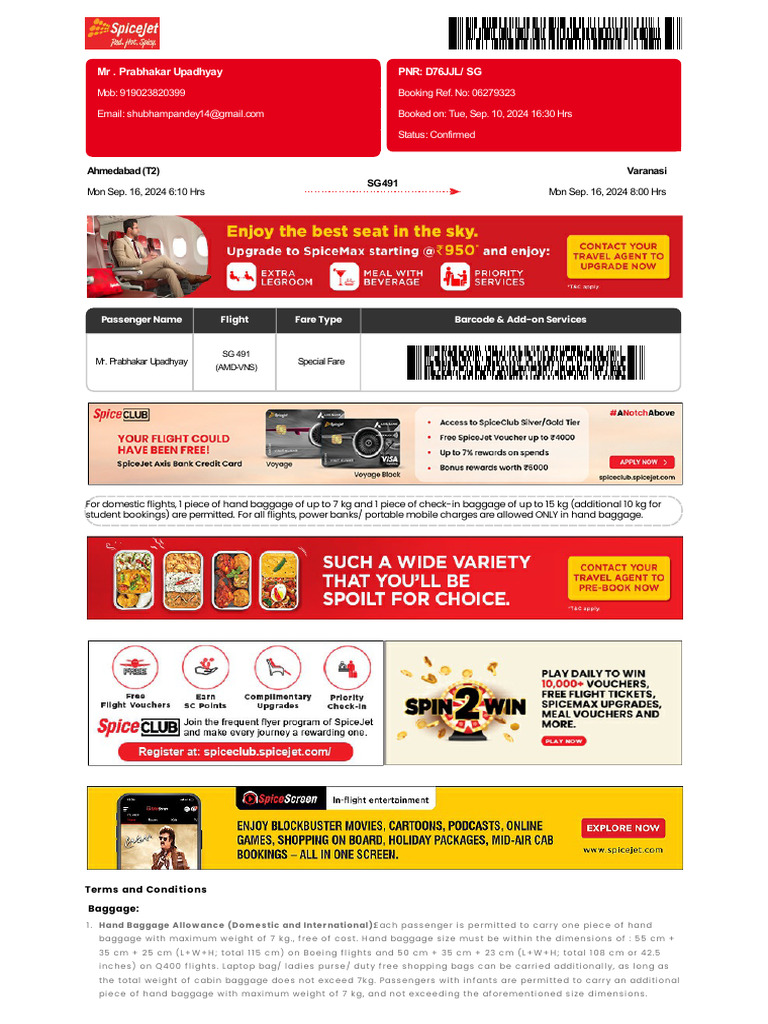 SpiceJet_E-Ticket_PNR_D76JJL 16 Sep 2024 Ahmedabad-Varanasi for MR. COM ...