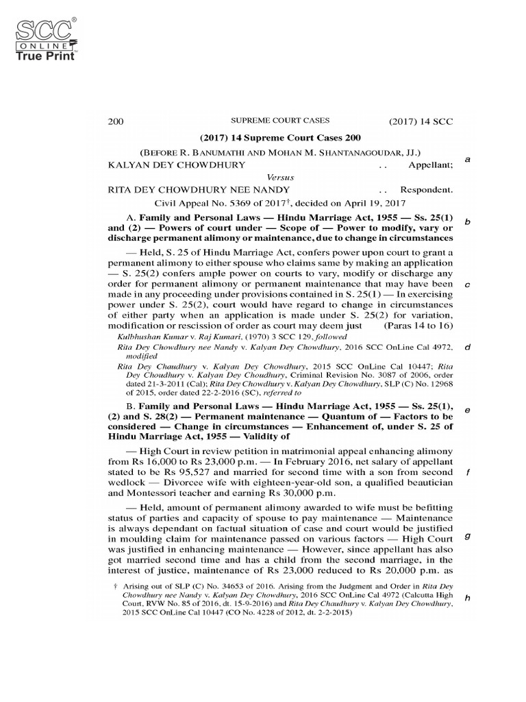 Kalyan Dey Chowdhury v. Rita Dey Chowdhury Nee Nandy, (2017) 14 SCC 200 | PDF | Supreme Court Of ...