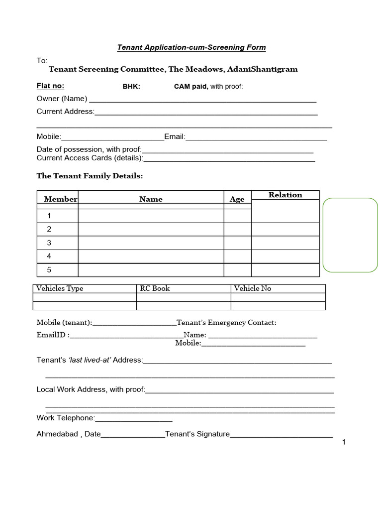 Meadows Tenant Screening Form | PDF | Lease | Leasehold Estate