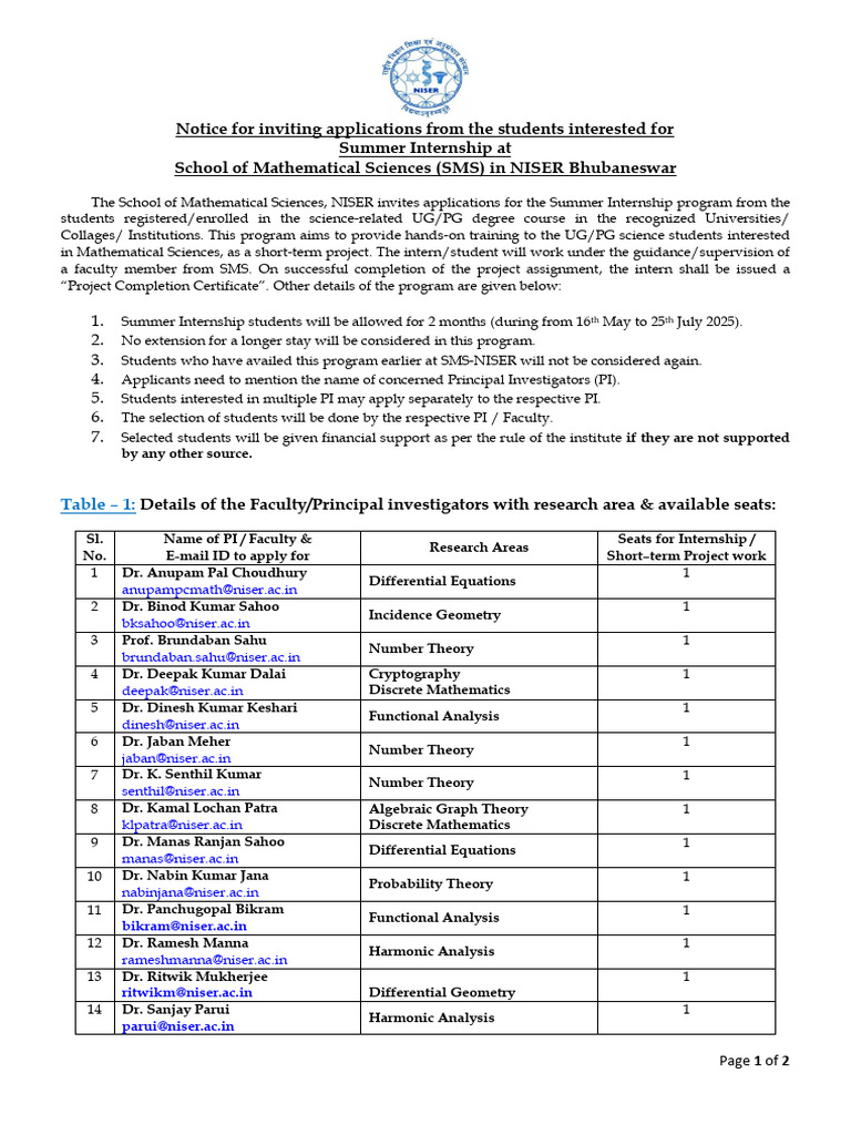 NISER Summer Internship 2025 Details | PDF | Discrete Mathematics | Thesis