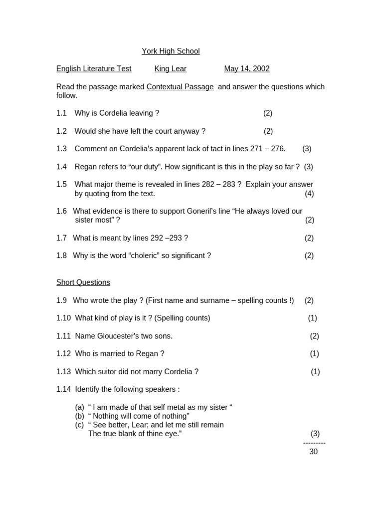 King Lear Act 1 Analysis Questions | PDF