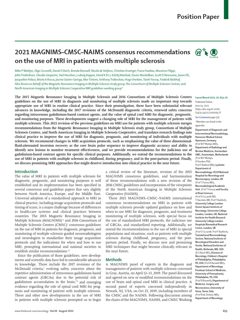 MAGNIMS-2021-CMSC-NAIMS Consensus Recomm On The Use of MRI Patients ...