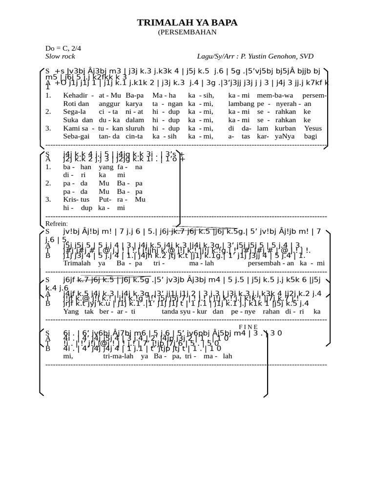 Partitur TRIMALAH YA BAPA | PDF