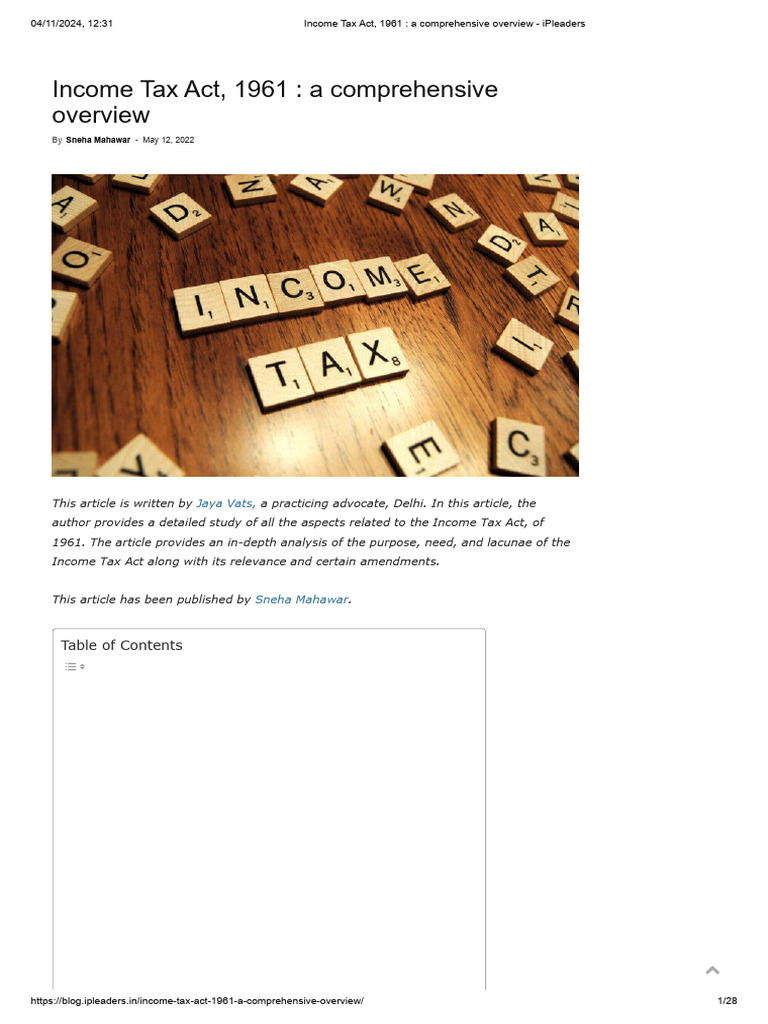 Overview of Income Tax Act, 1961 | PDF | Taxes | Income Tax