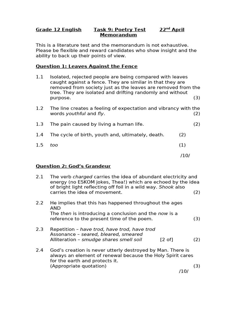 Grade 12 English Task 9 Poetry Test Memo | PDF