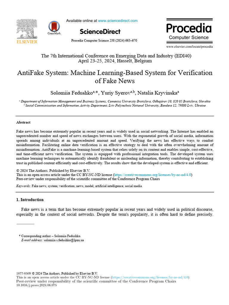 AntiFake System_ Machine Learning-Based System for Verification of Fake News | PDF | Support ...