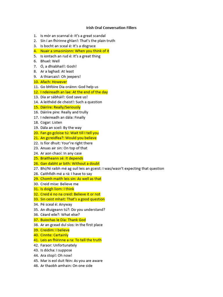 Irish Oral Conversation Fillers | PDF