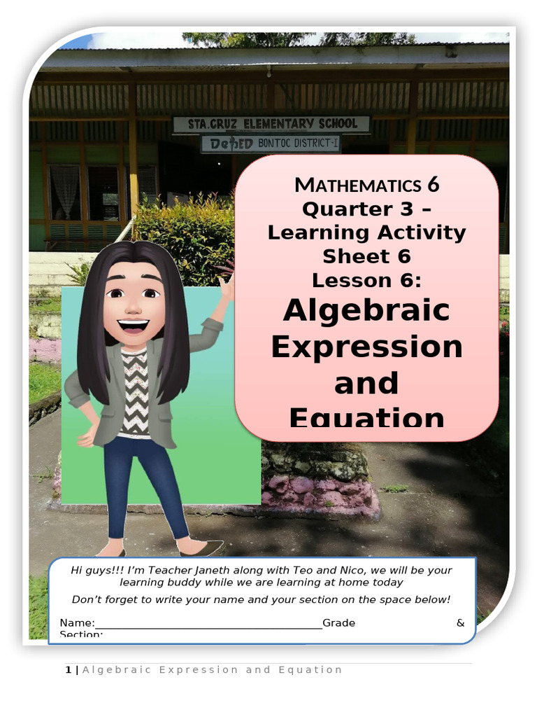 math 6- Q3 LAS 6 lesson 6- algebraic expression & equation | PDF | Equations | Algebra