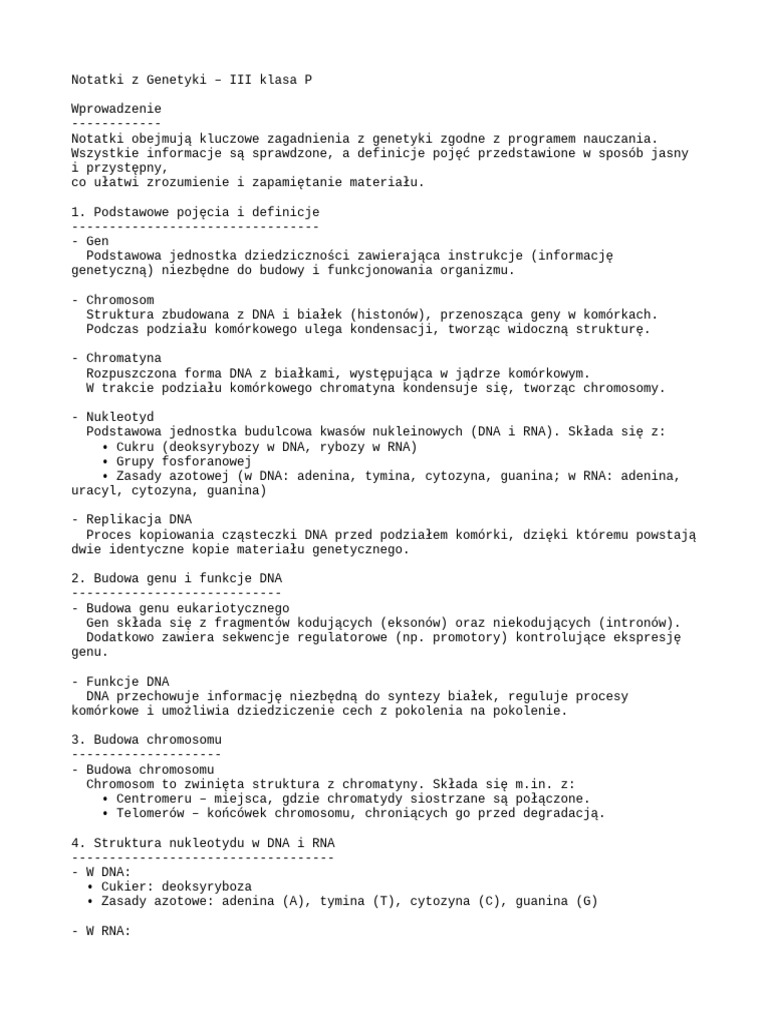 Notatki Genetyka IIIklasaP | PDF