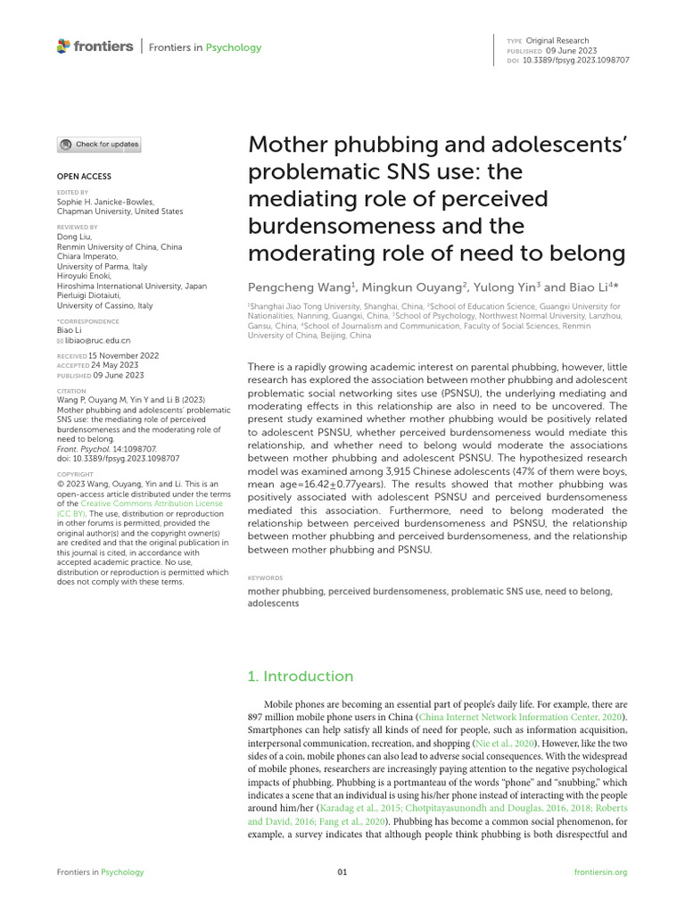 2 Mother Phubbing and Adolescents Problematic Sns Use | PDF | Likert ...