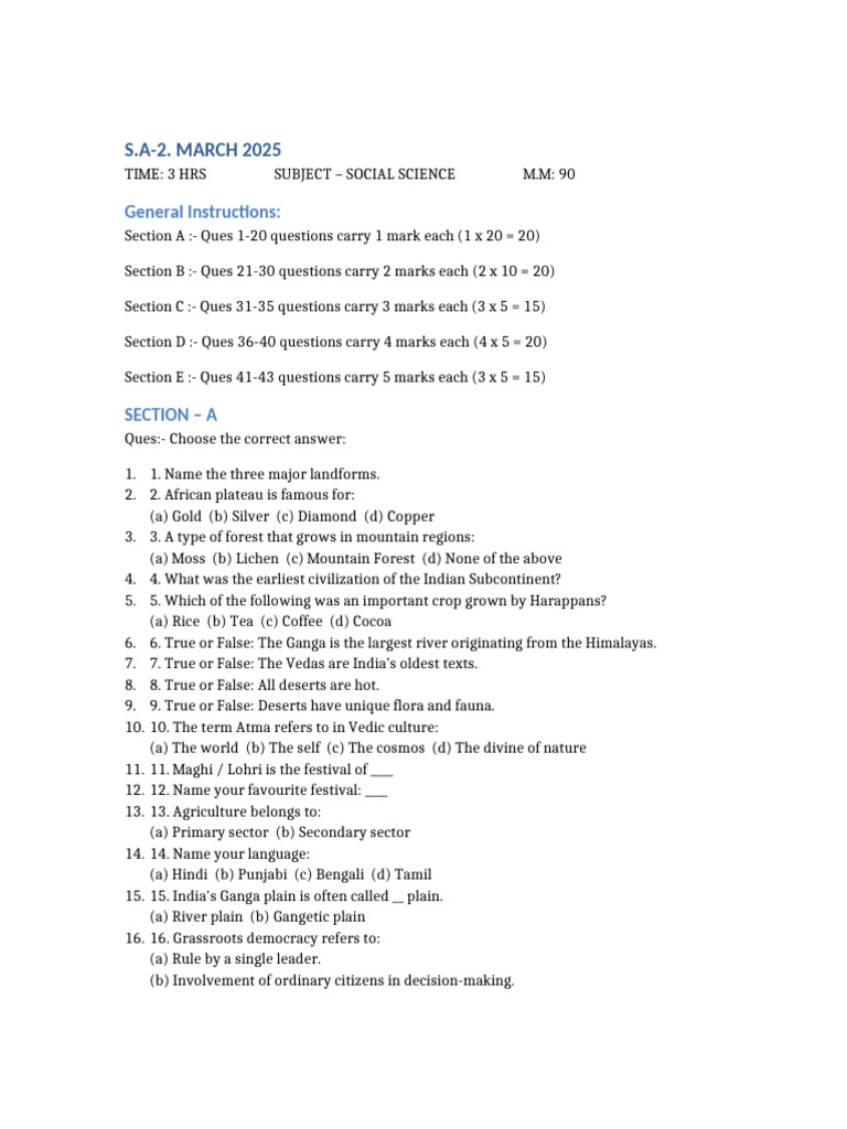 Social Science Exam Paper 2025 | PDF