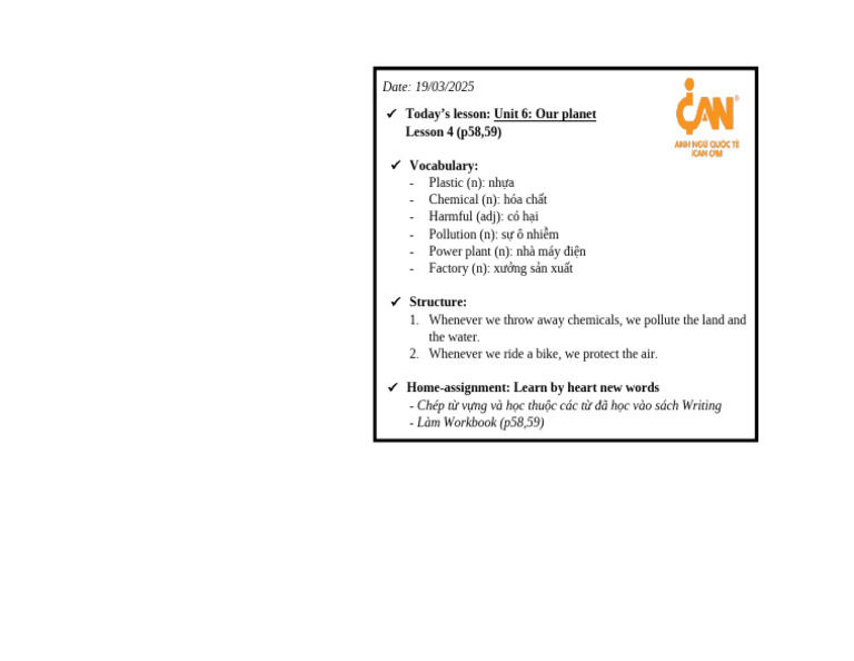 Date: 19/03/2025: Today's Lesson: Unit 6: Our Planet Lesson 4 (p58,59 ...