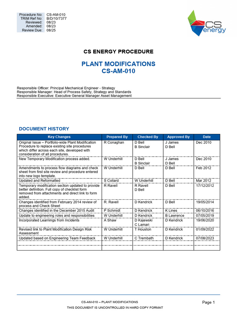 CS-AM-010 - Plant Modification 08 23 | PDF | Risk | Asset Management